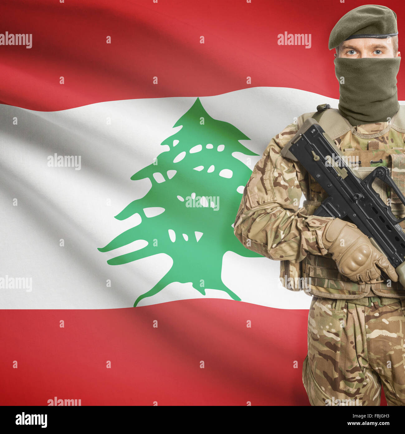 Soldier with machine gun and national flag on background series ...