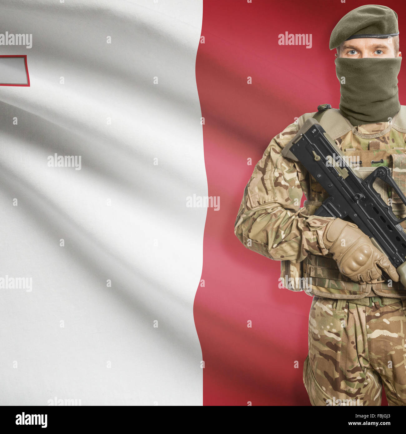 Soldier with machine gun and national flag on background series - Malta ...