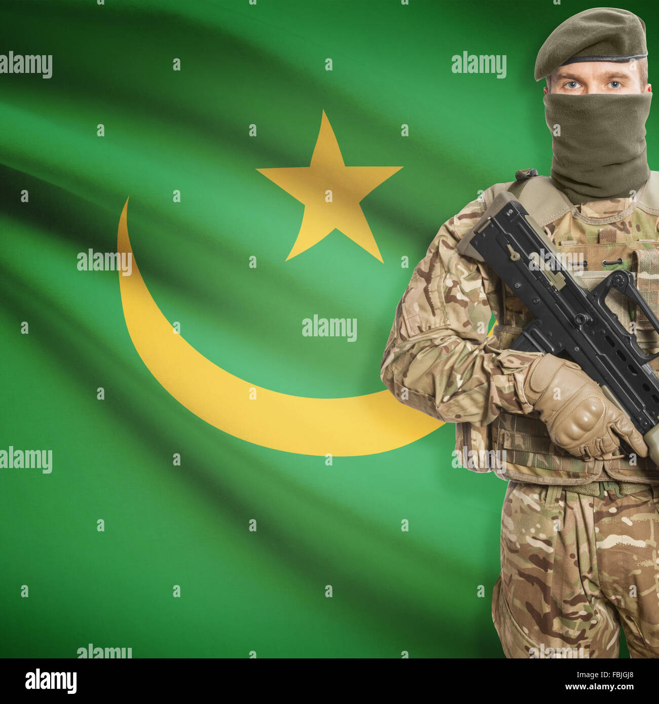 Soldier with machine gun and national flag on background series ...
