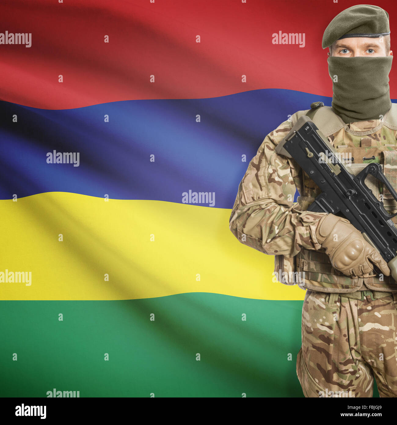 Soldier with machine gun and national flag on background series ...