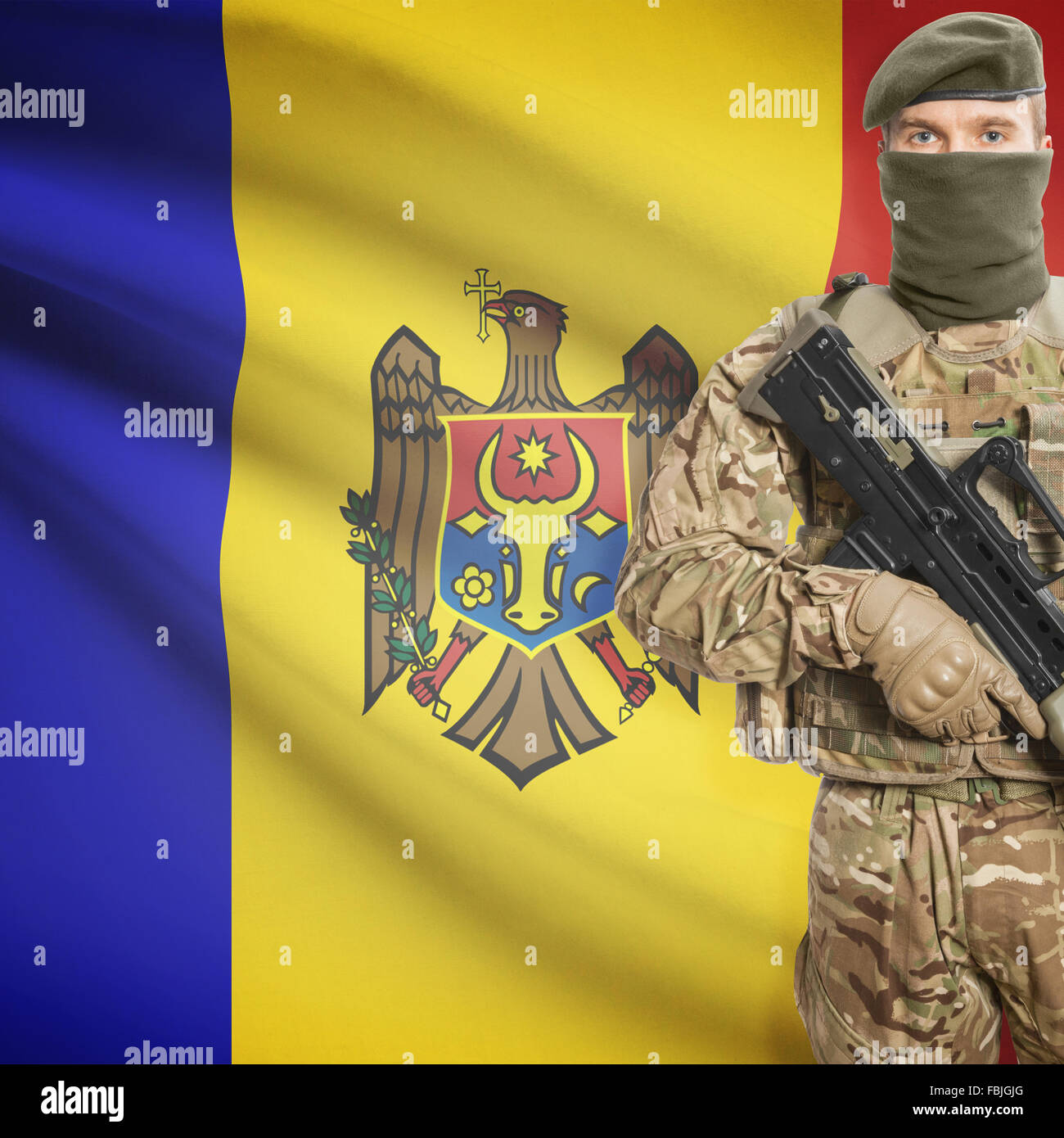 Soldier with machine gun and national flag on background series ...