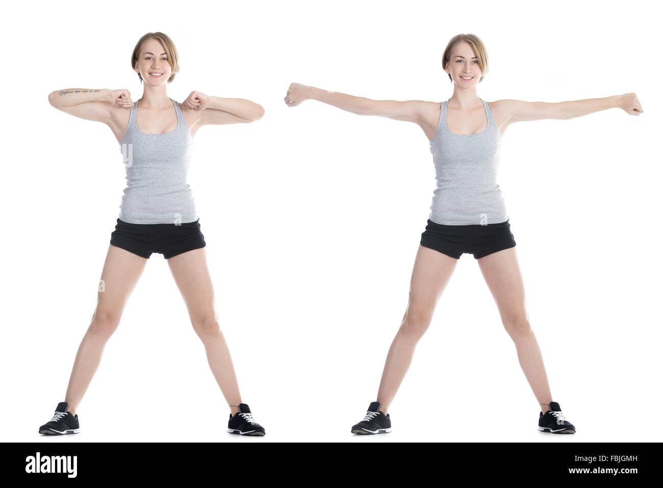 Young slim beautiful woman warming up before working out, stretching ...