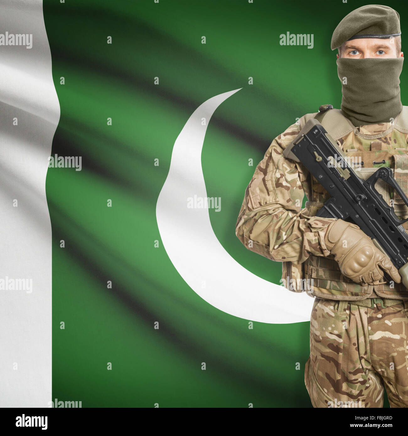 Soldier with machine gun and national flag on background series ...
