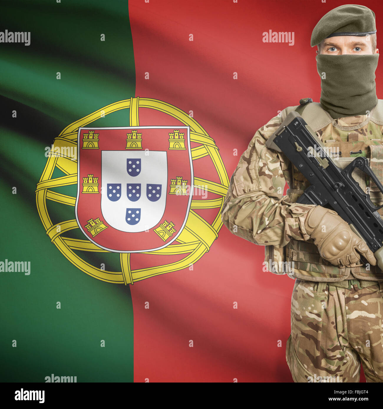 Soldier with machine gun and national flag on background series ...