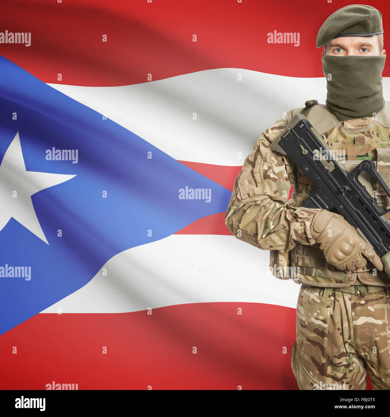 Soldier with machine gun and national flag on background series ...