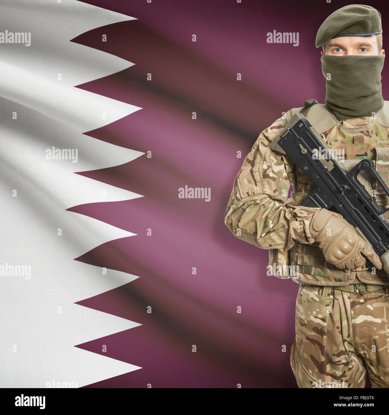 Soldier with machine gun and national flag on background series - Qatar ...