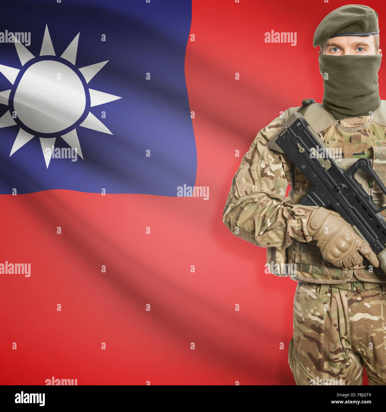 Soldier with machine gun and national flag on background series ...