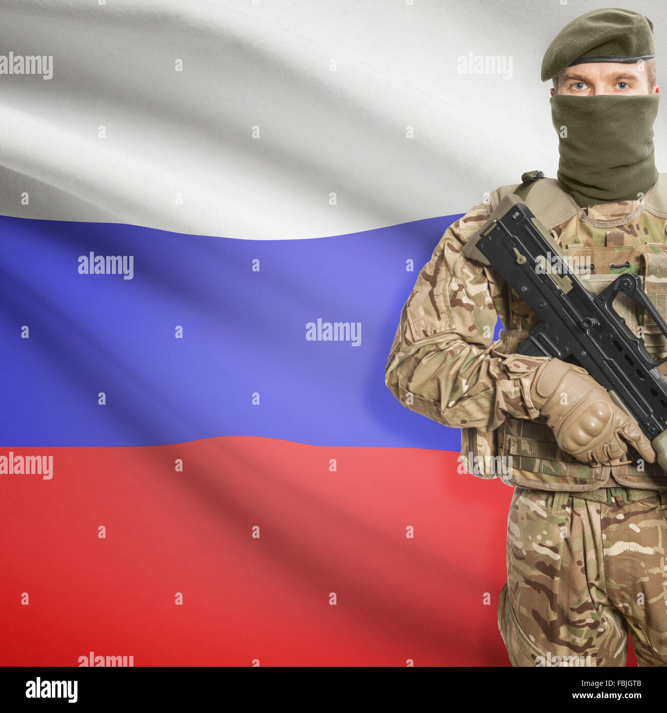 Soldier with machine gun and national flag on background series ...
