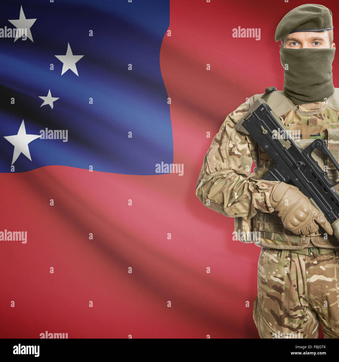 Soldier with machine gun and national flag on background series - Samoa ...