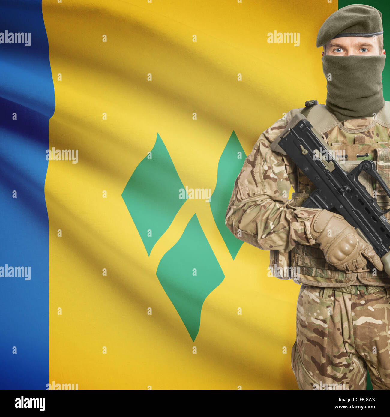 Soldier with machine gun and national flag on background series - Saint ...