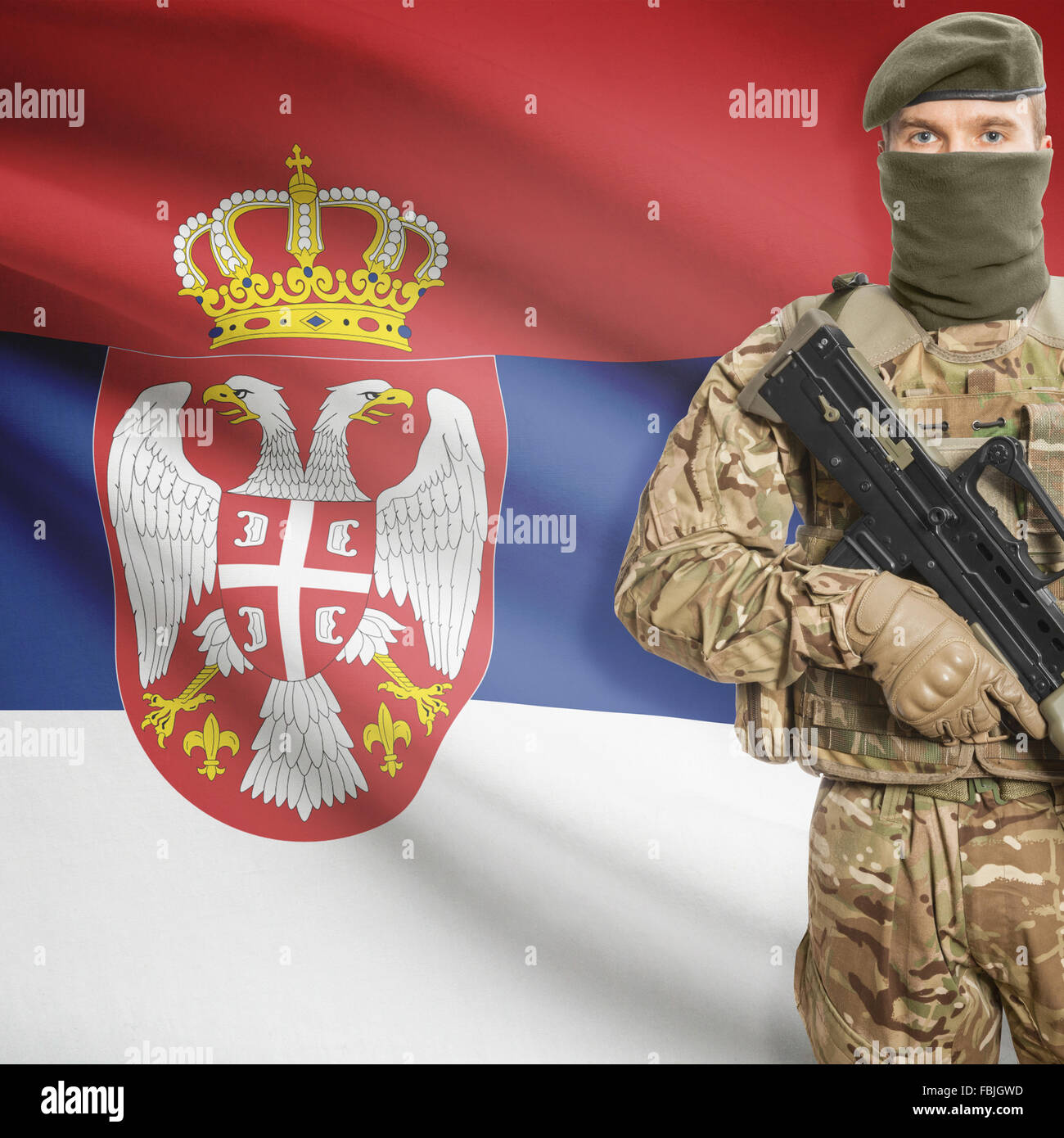 Soldier with machine gun and national flag on background series ...