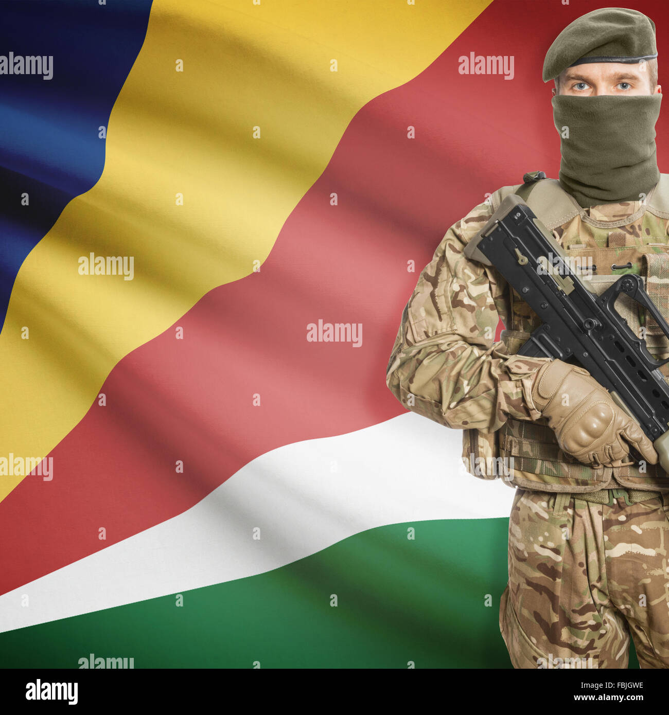 Soldier with machine gun and national flag on background series ...