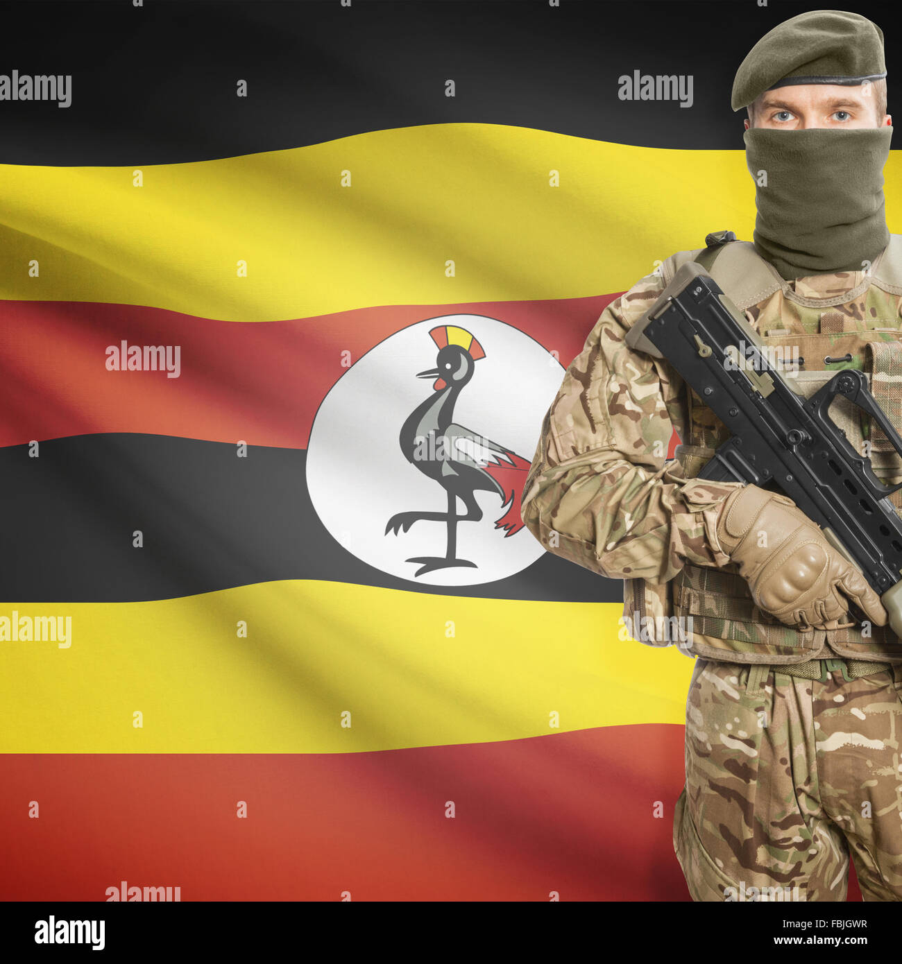 Soldier with machine gun and national flag on background series ...