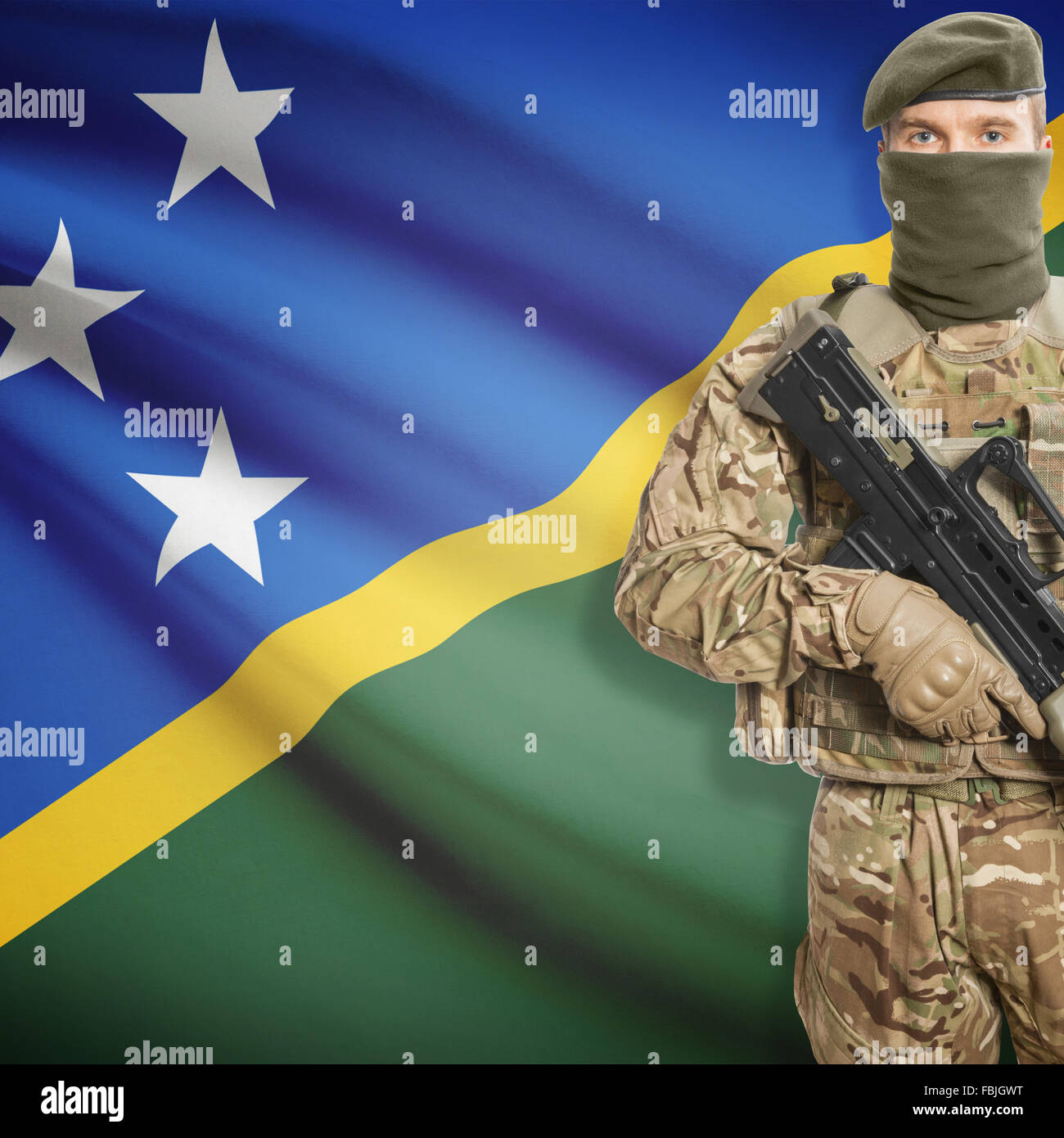 Soldier with machine gun and national flag on background series ...