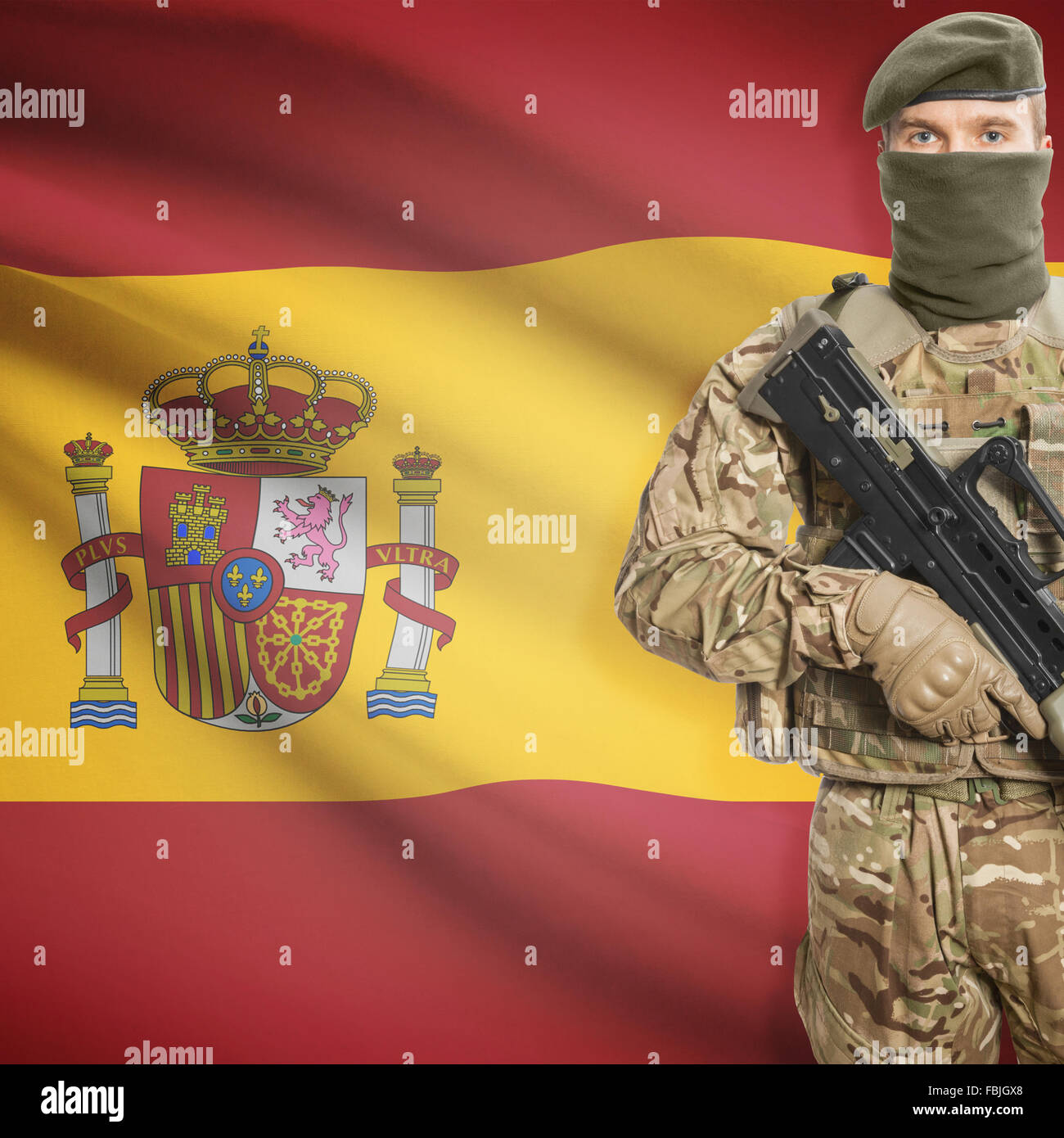 Soldier with machine gun and national flag on background series - Spain ...