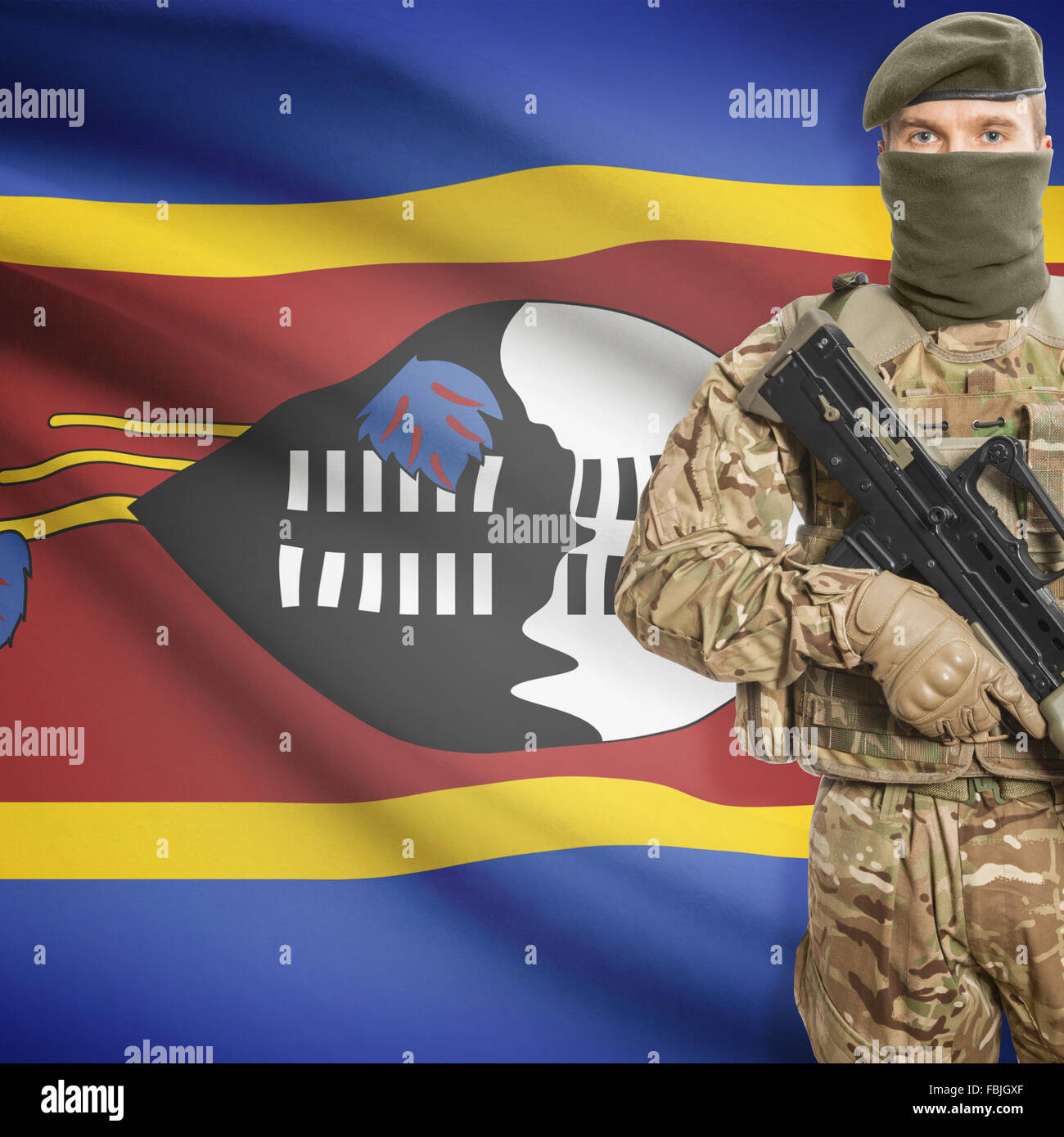 Soldier with machine gun and national flag on background series ...