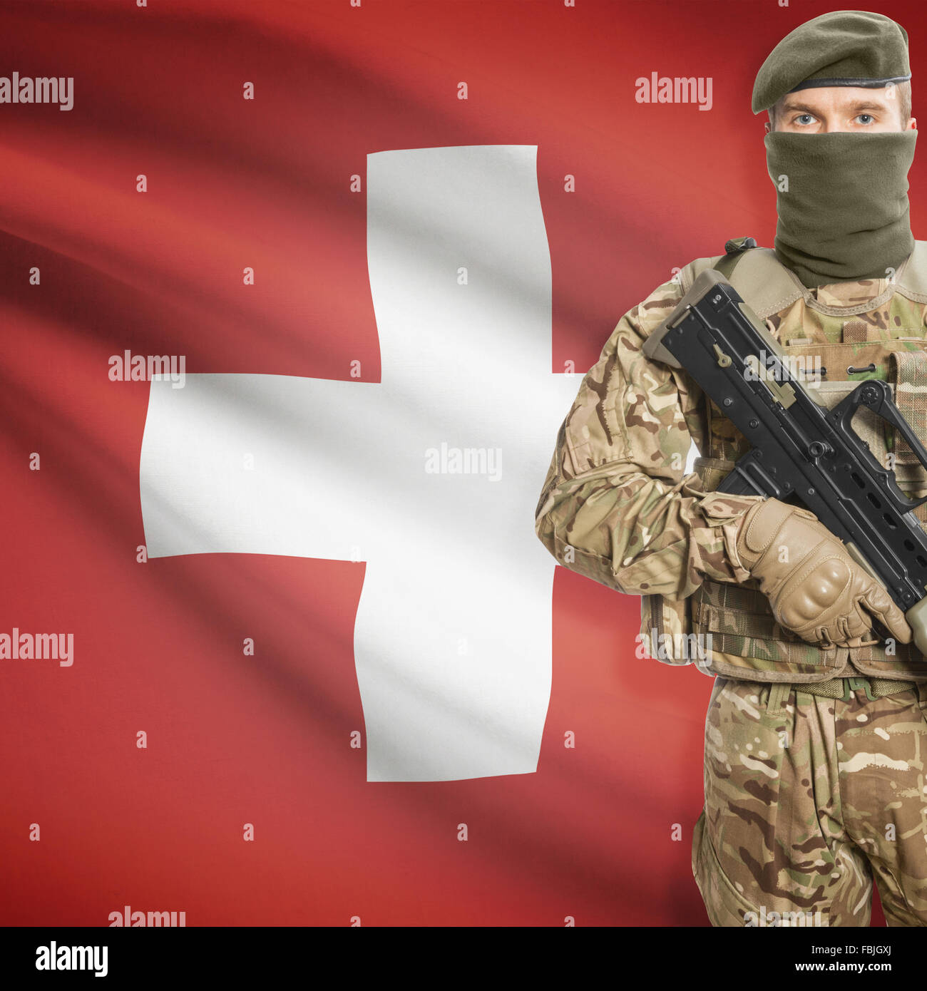 Soldier with machine gun and national flag on background series ...
