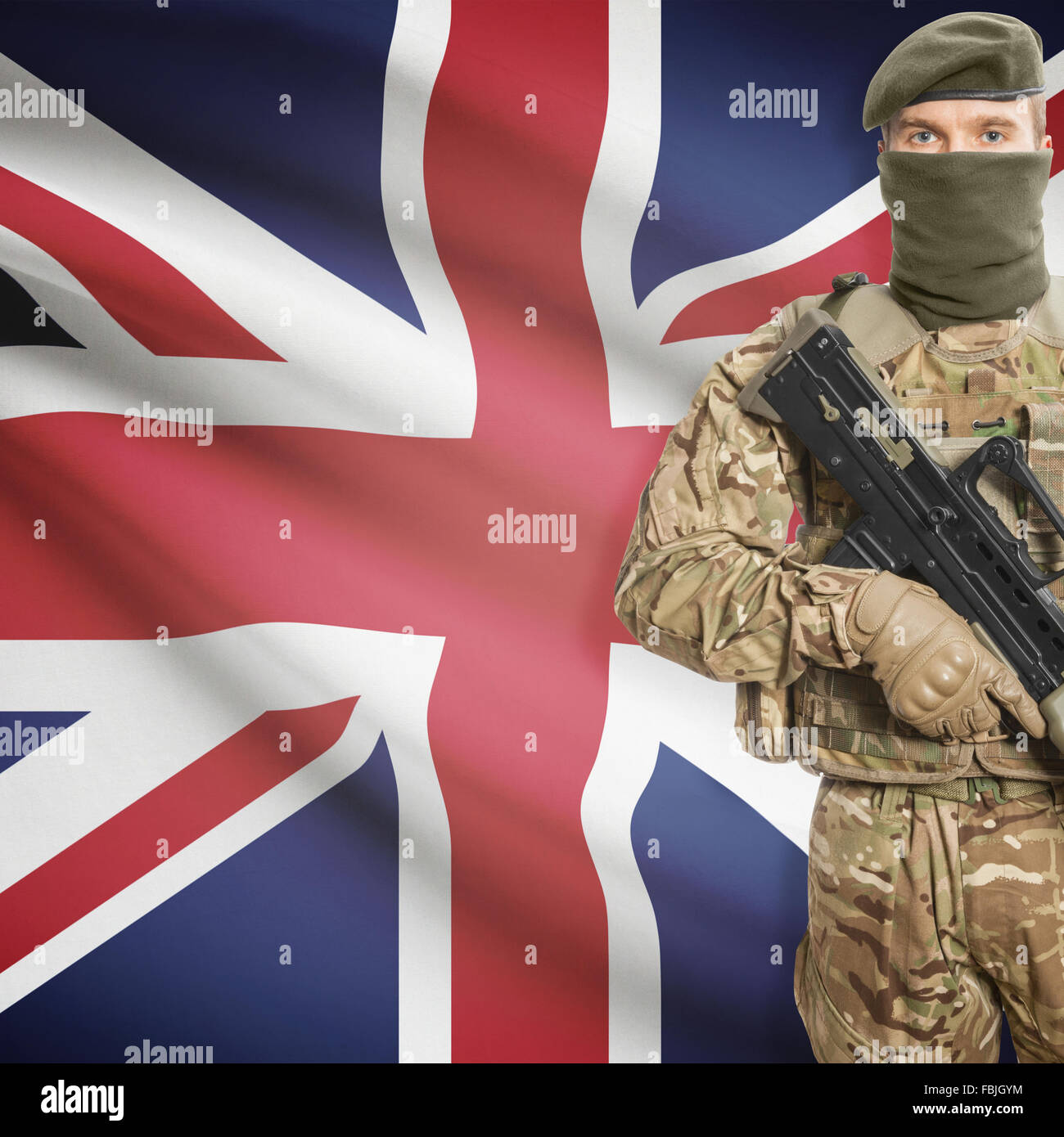Soldier with machine gun and national flag on background series ...