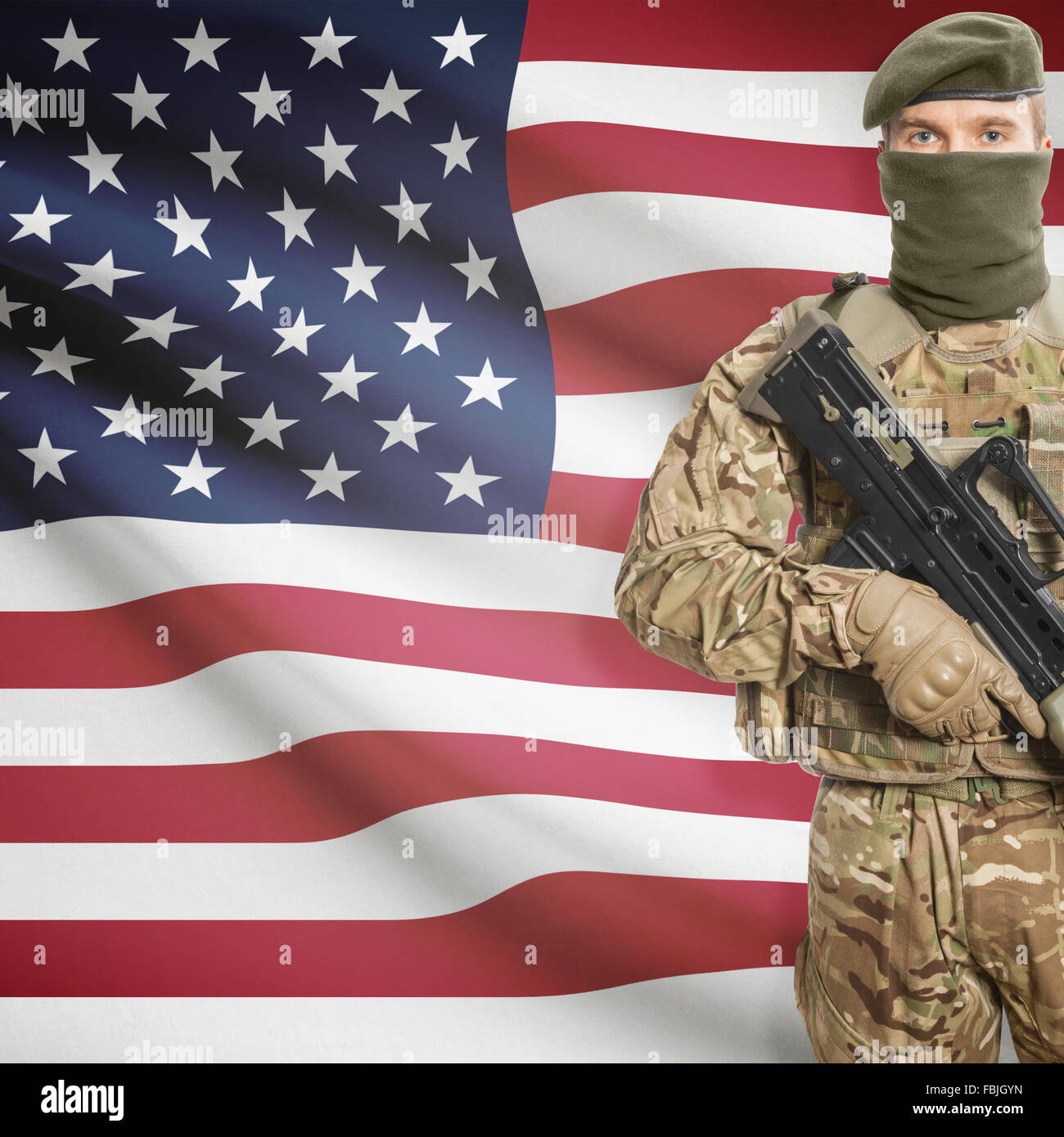 Soldier with machine gun and national flag on background series ...