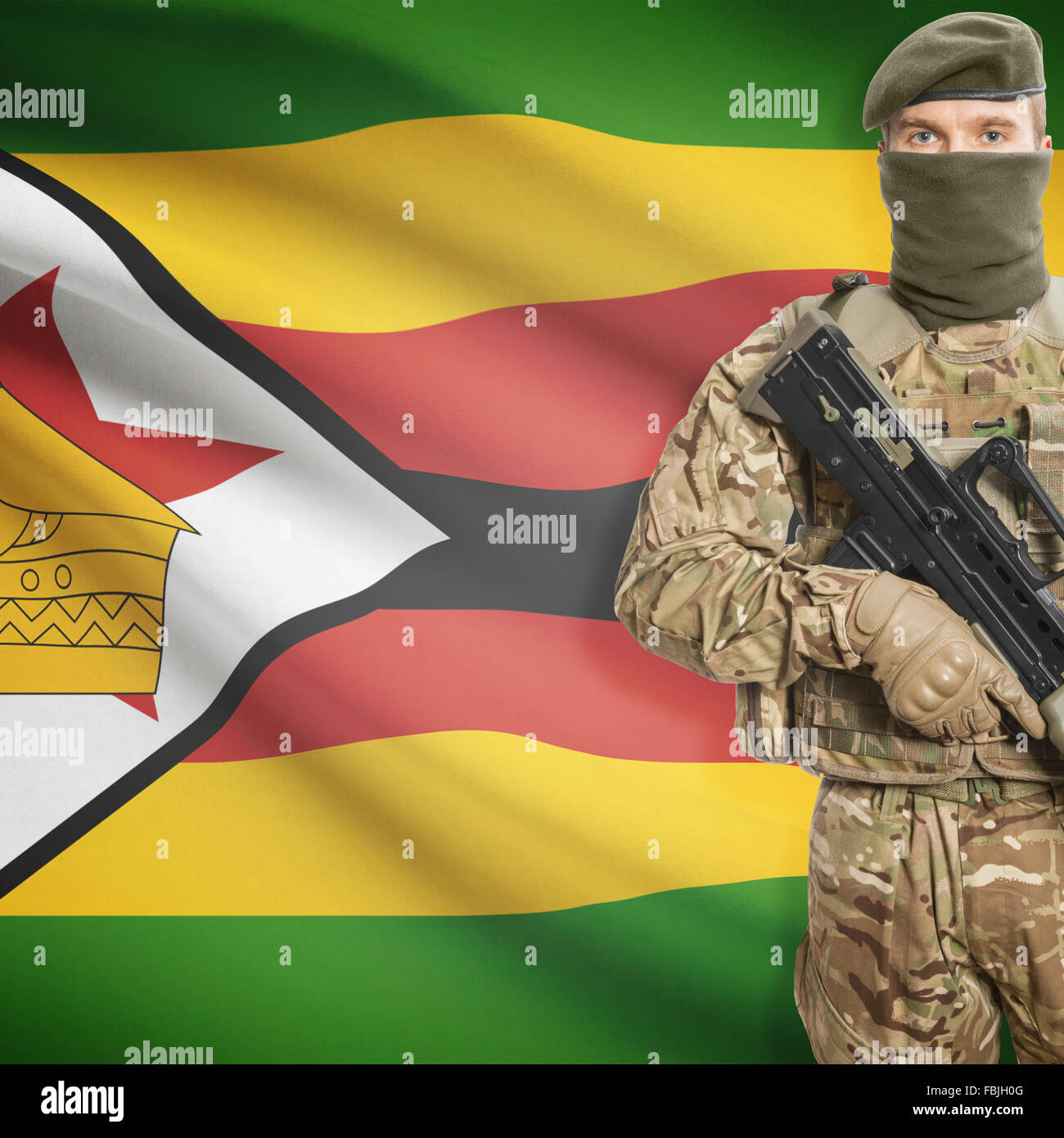 Soldier with machine gun and national flag on background series ...