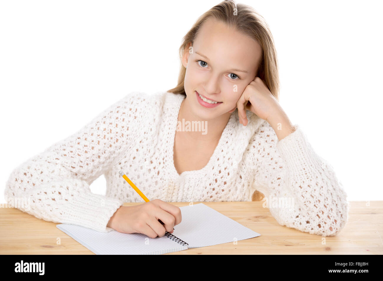 Portrait of happy beautiful casual girl wearing white knitted sweater ...