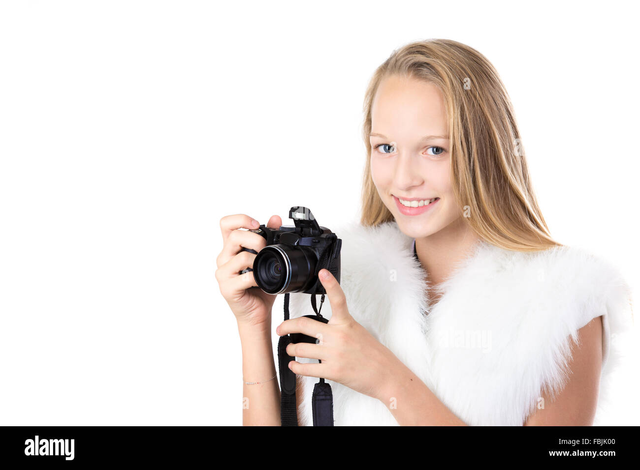 Portrait of happy cute beautiful blond photographer girl wearing white ...