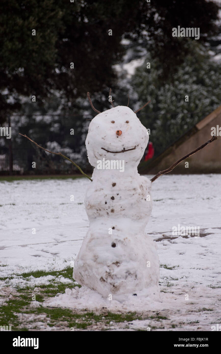 Snowman outside the hall near Nottingham during the recent snow Stock ...