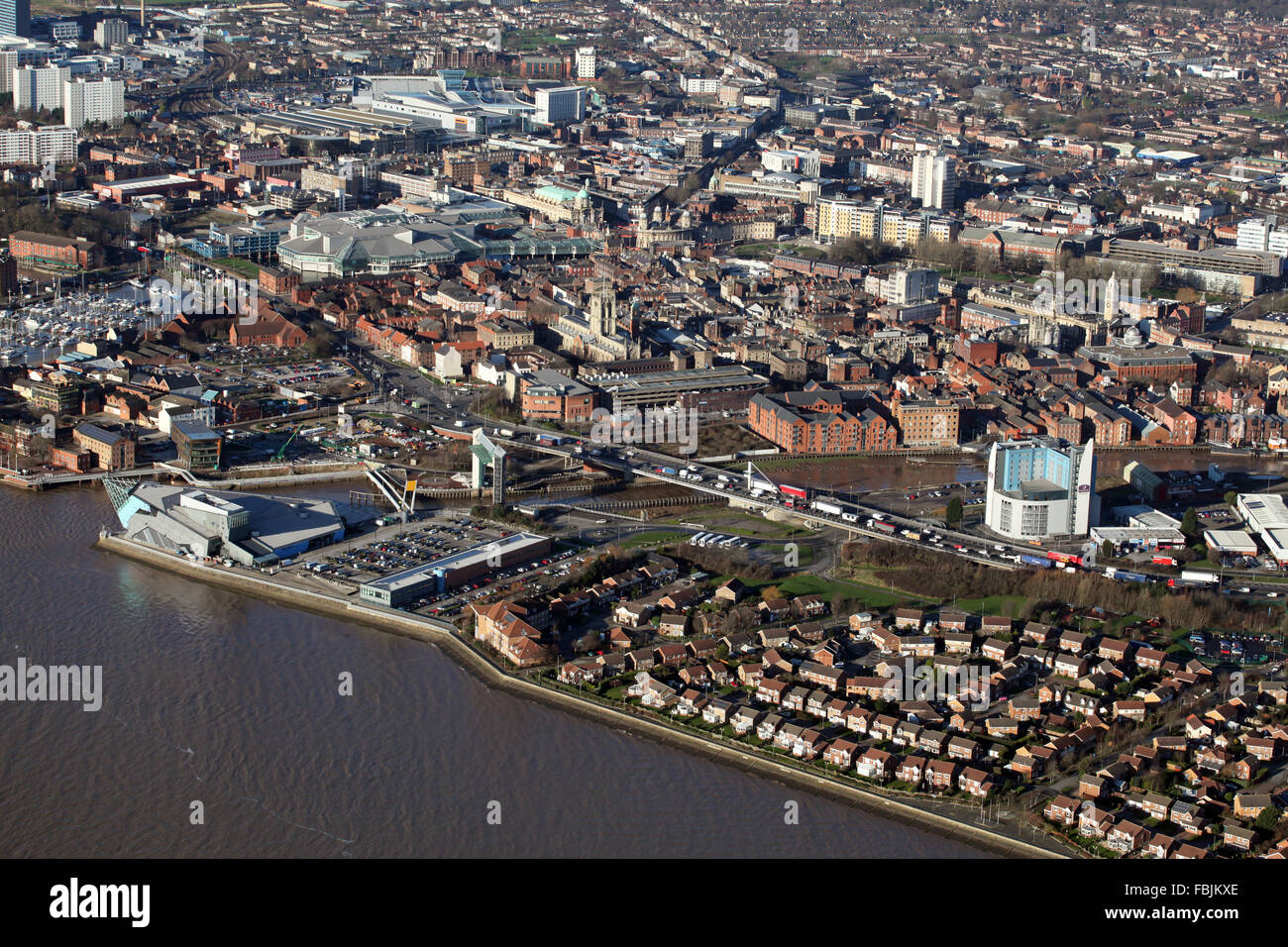 aerial view of Hull city centre, Marina, Tidal Barrier, River Hull, The ...