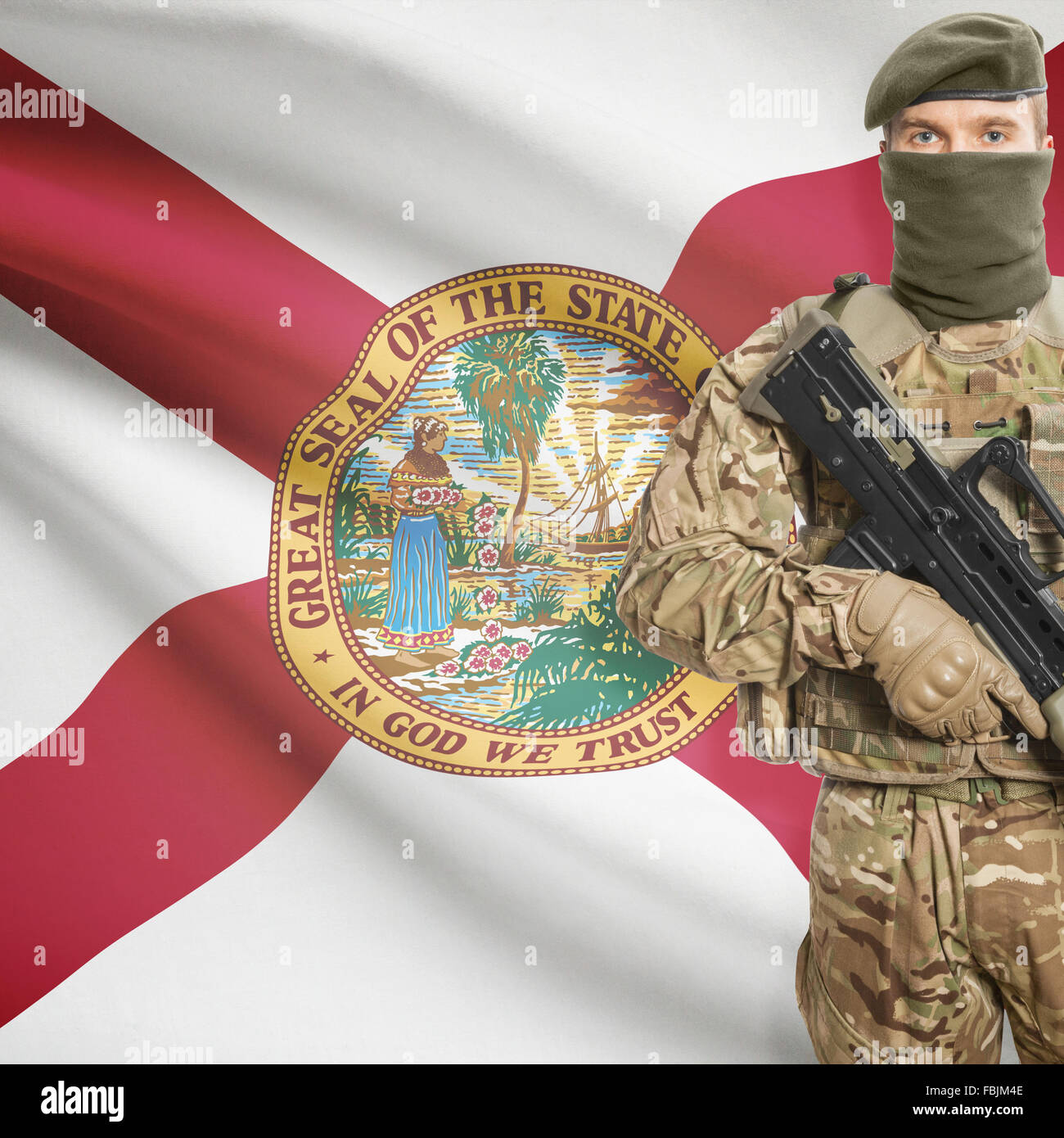 Soldier with machine gun and USA state flag on background series ...