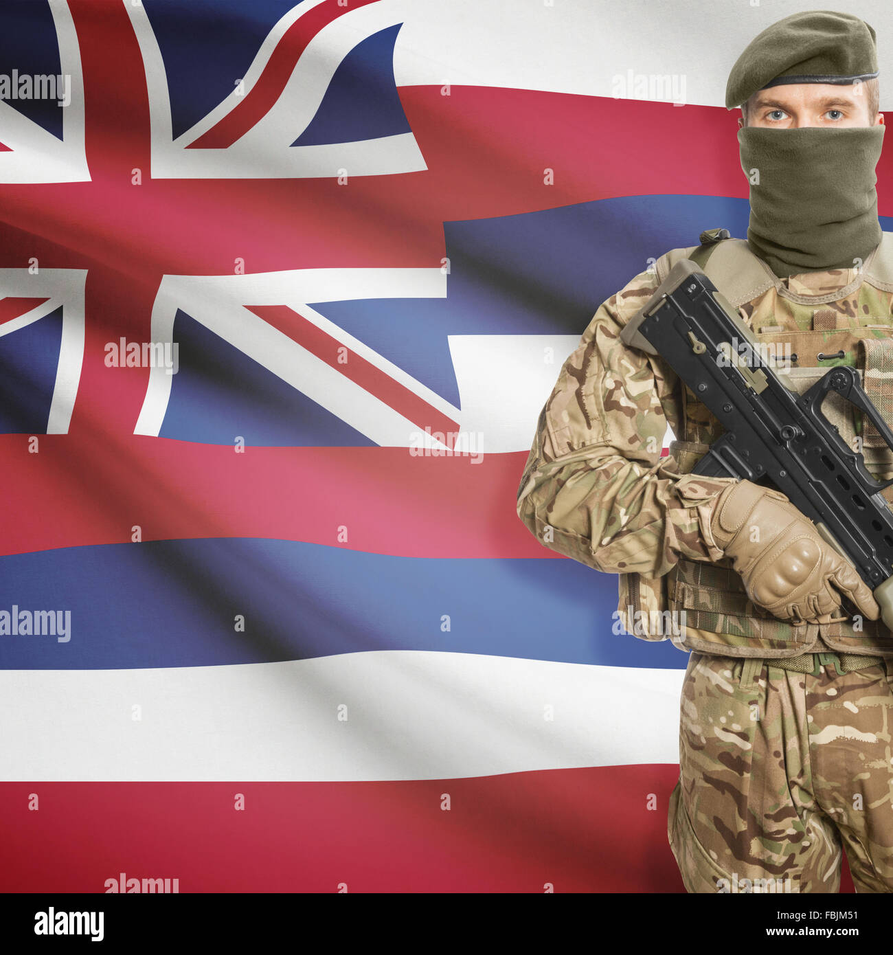 Soldier with machine gun and USA state flag on background series ...