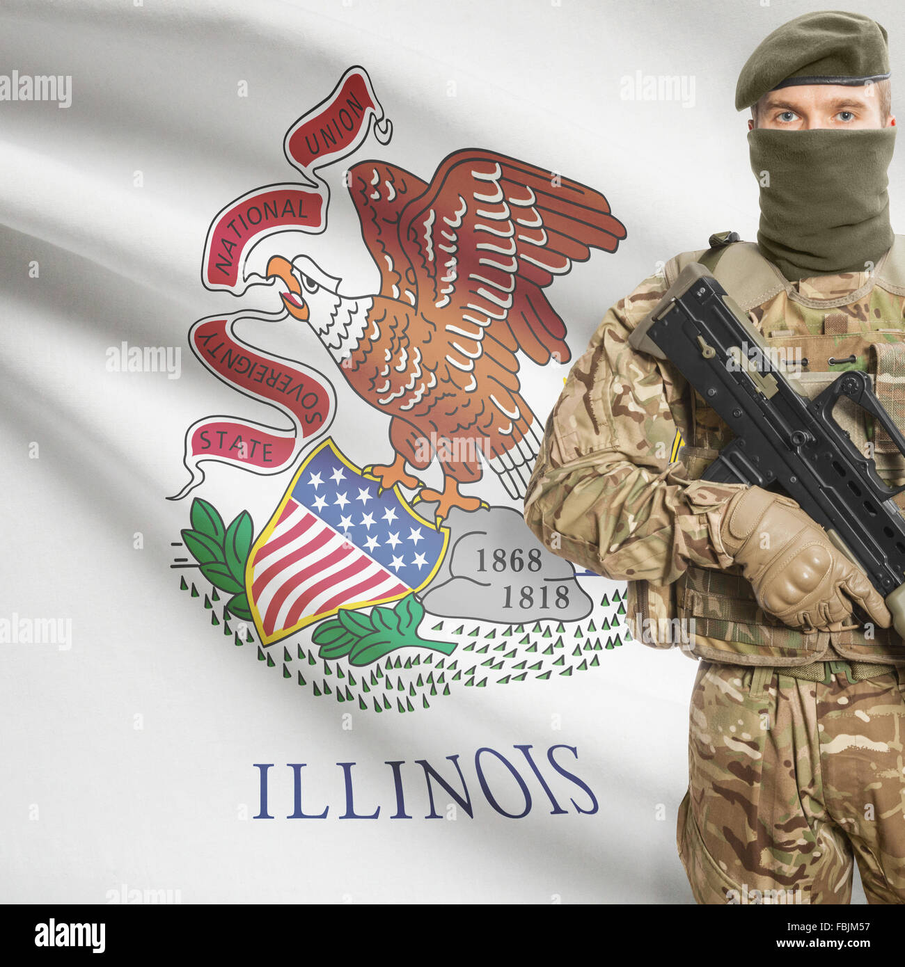 Soldier with machine gun and USA state flag on background series ...