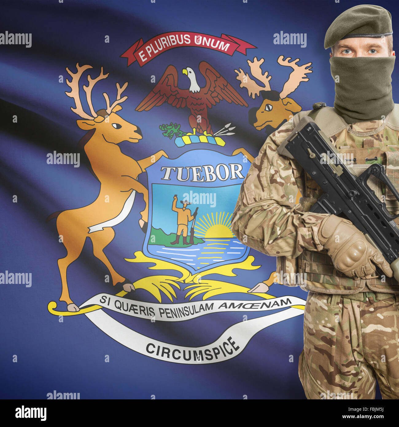 Soldier with machine gun and USA state flag on background series ...