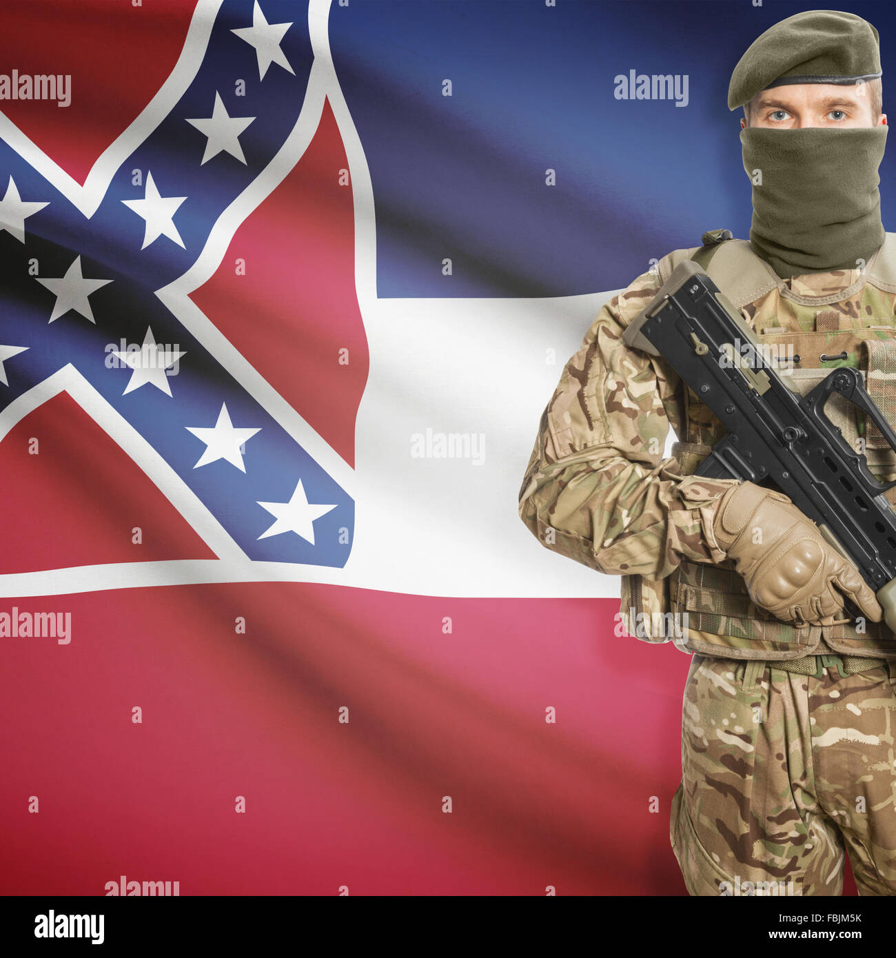 Soldier with machine gun and USA state flag on background series ...
