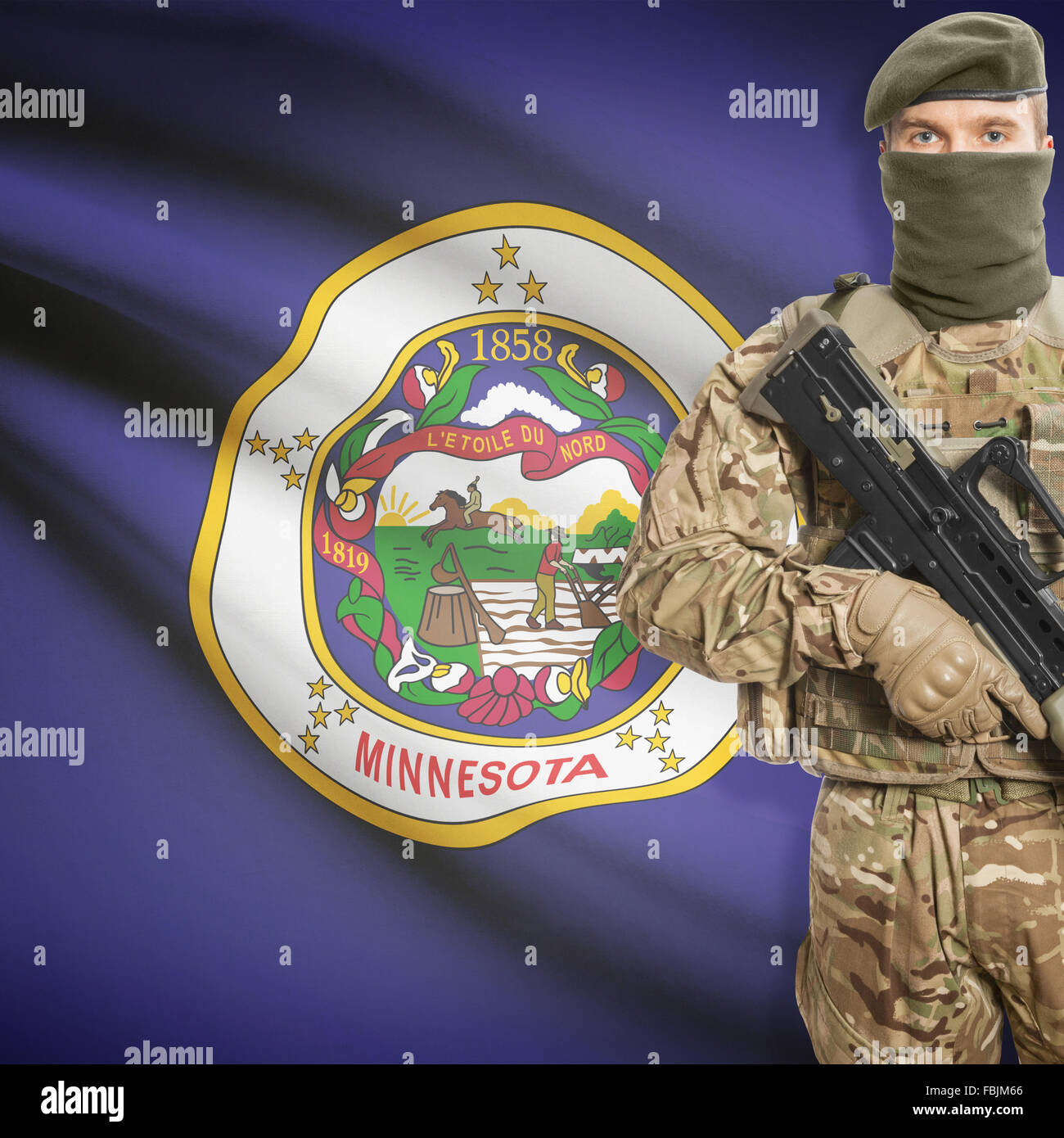 Soldier with machine gun and USA state flag on background series ...
