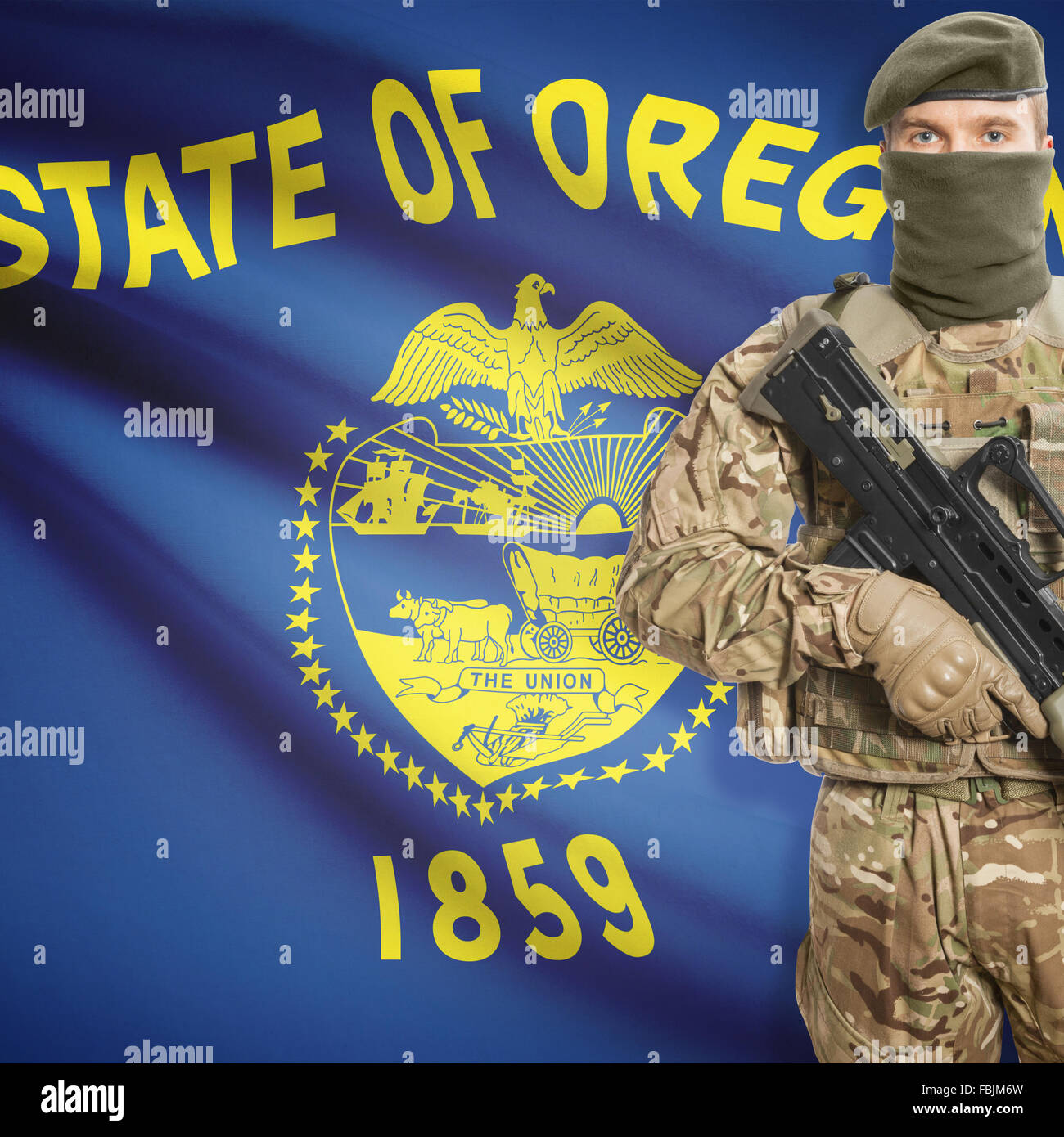 Soldier with machine gun and USA state flag on background series ...