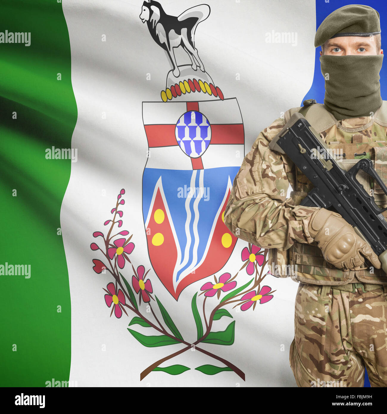 Soldier with machine-gun in hands and Canadian province flag on ...