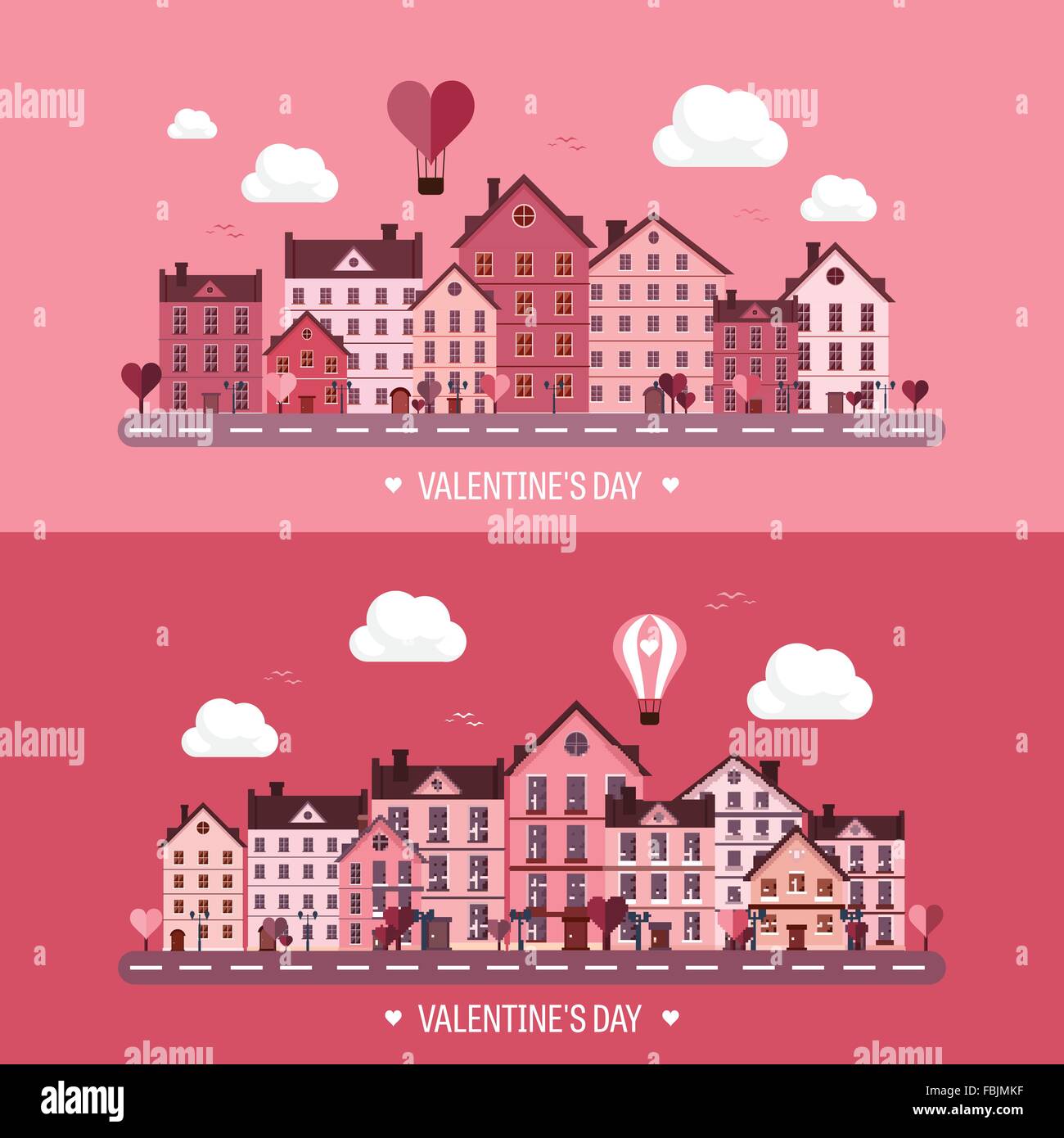 Vector illustration. City with hearts. Love. Valentines day. 14 ...