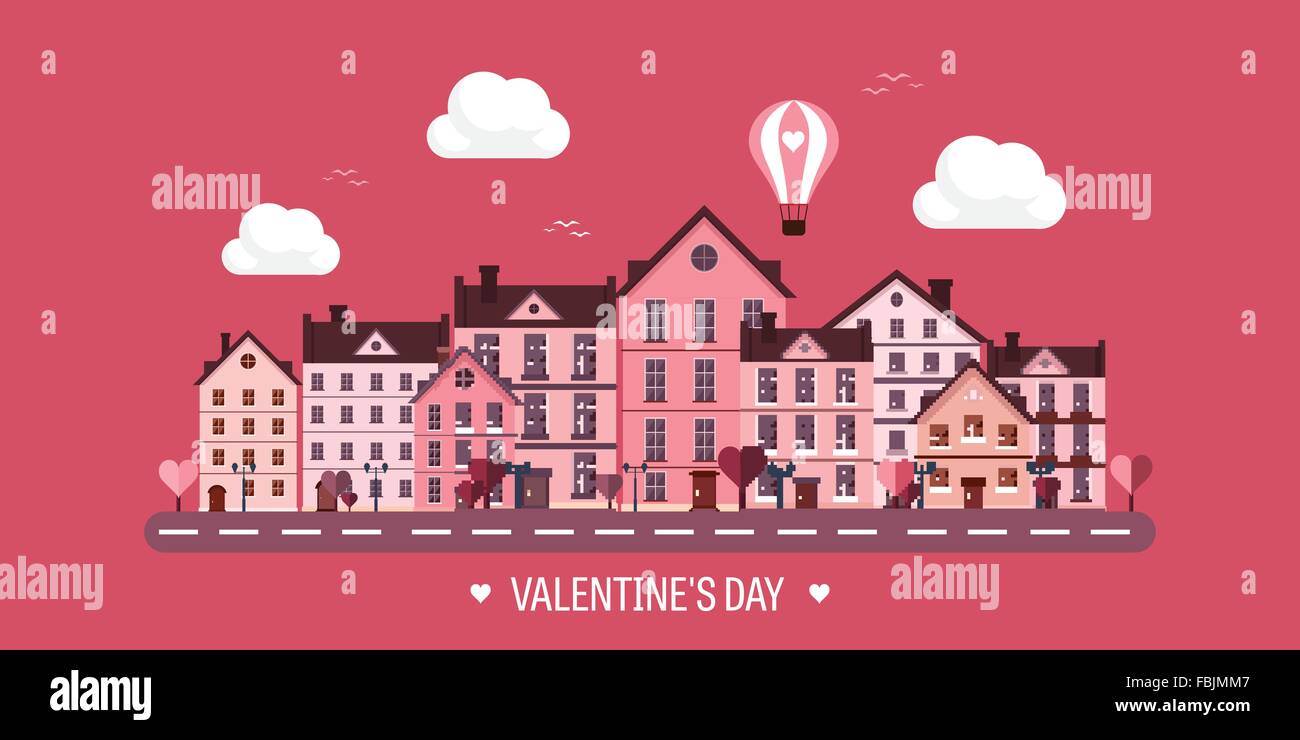 Vector illustration. City with hearts. Love. Valentines day. 14 ...