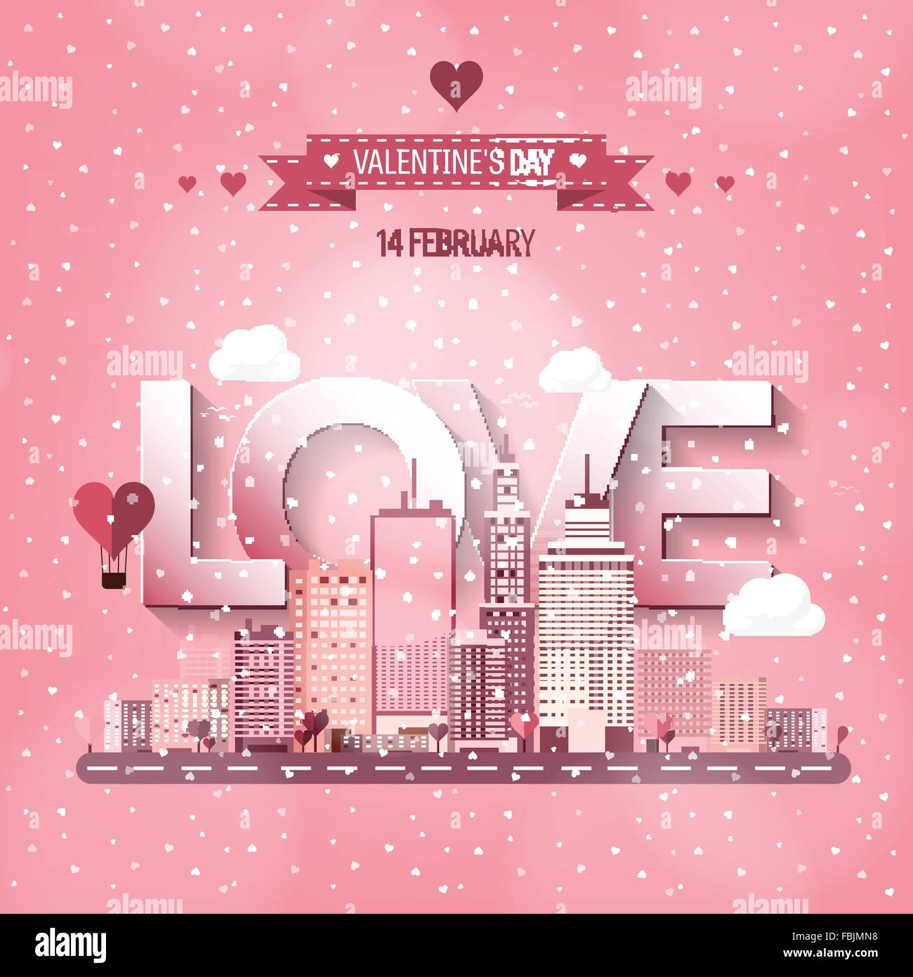 Vector illustration. City with hearts. Love. Valentines day. 14 ...