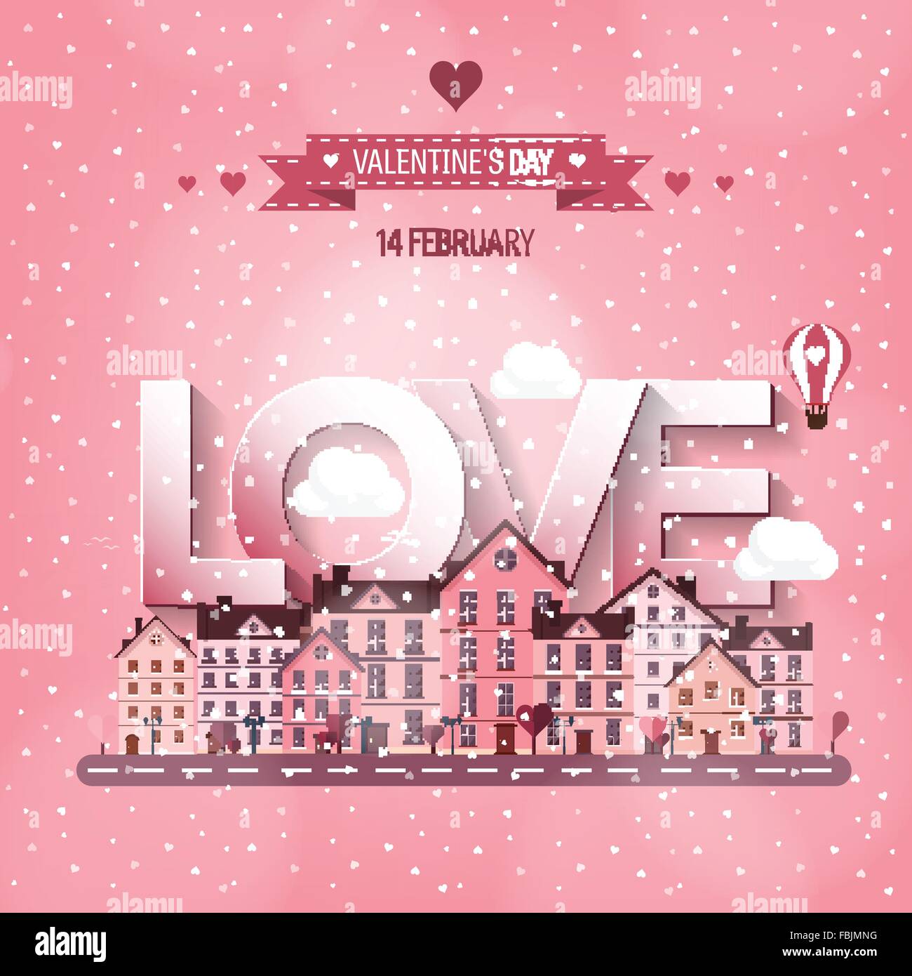 Vector illustration. City with hearts. Love. Valentines day. 14 ...