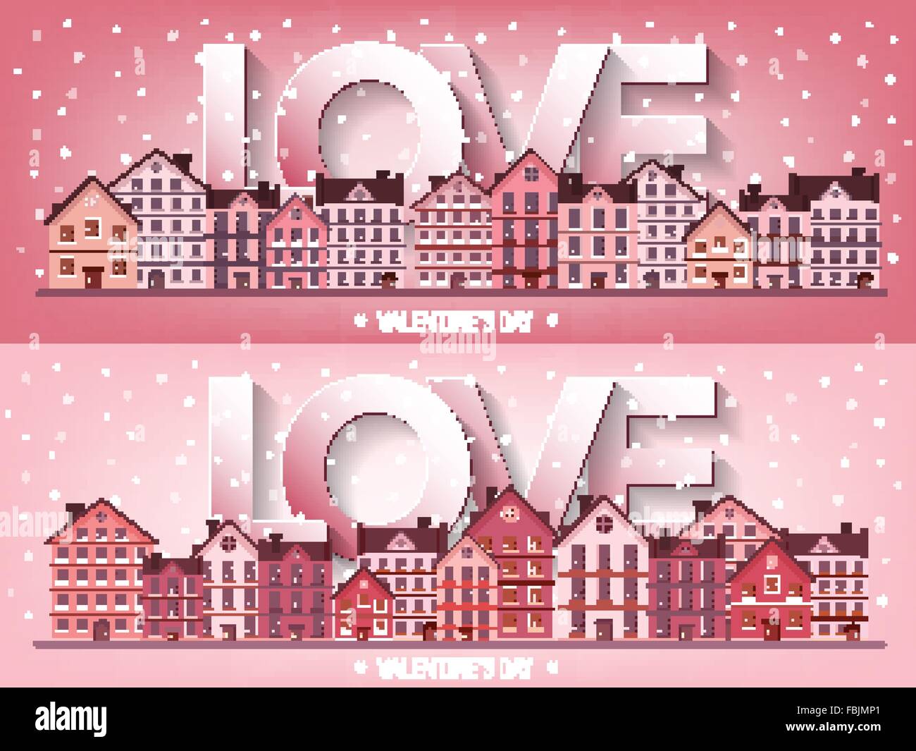Vector illustration. City with hearts. Love. Valentines day. 14 ...