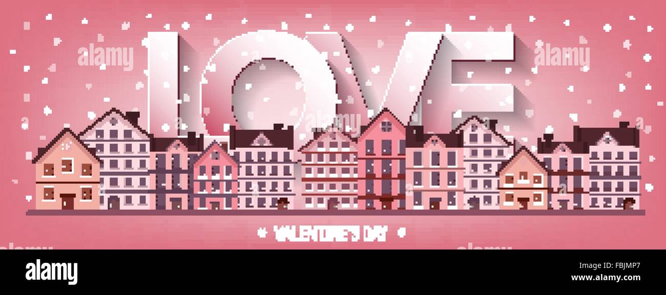 Vector illustration. City with hearts. Love. Valentines day. 14 ...