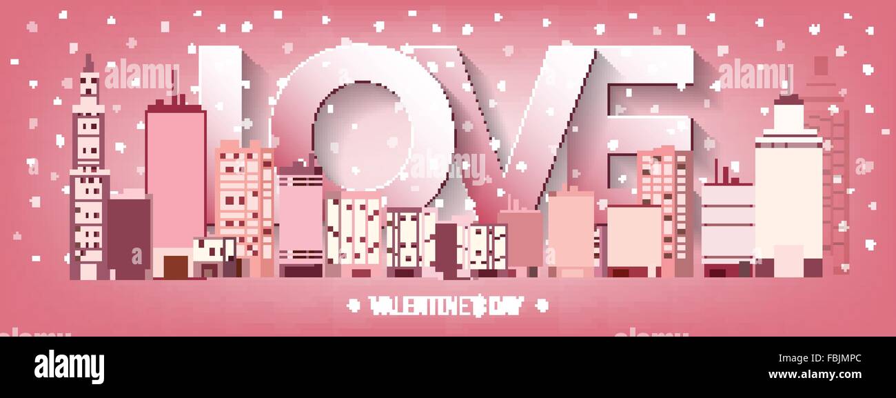 Vector illustration. City with hearts. Love. Valentines day. 14 ...