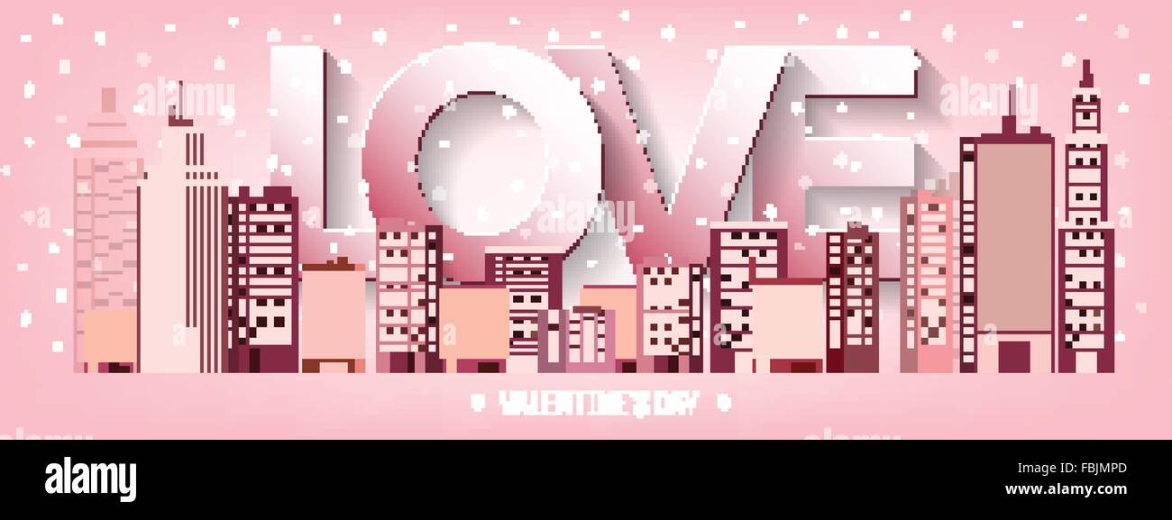 Vector illustration. City with hearts. Love. Valentines day. 14 ...