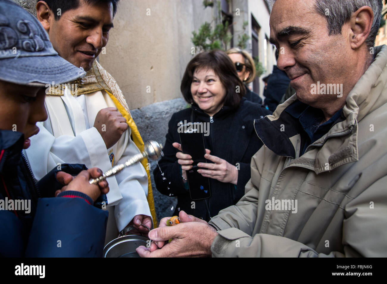 Madrid, Spain. 17th Jan, 2016. A priest blessing a bird during Saint ...