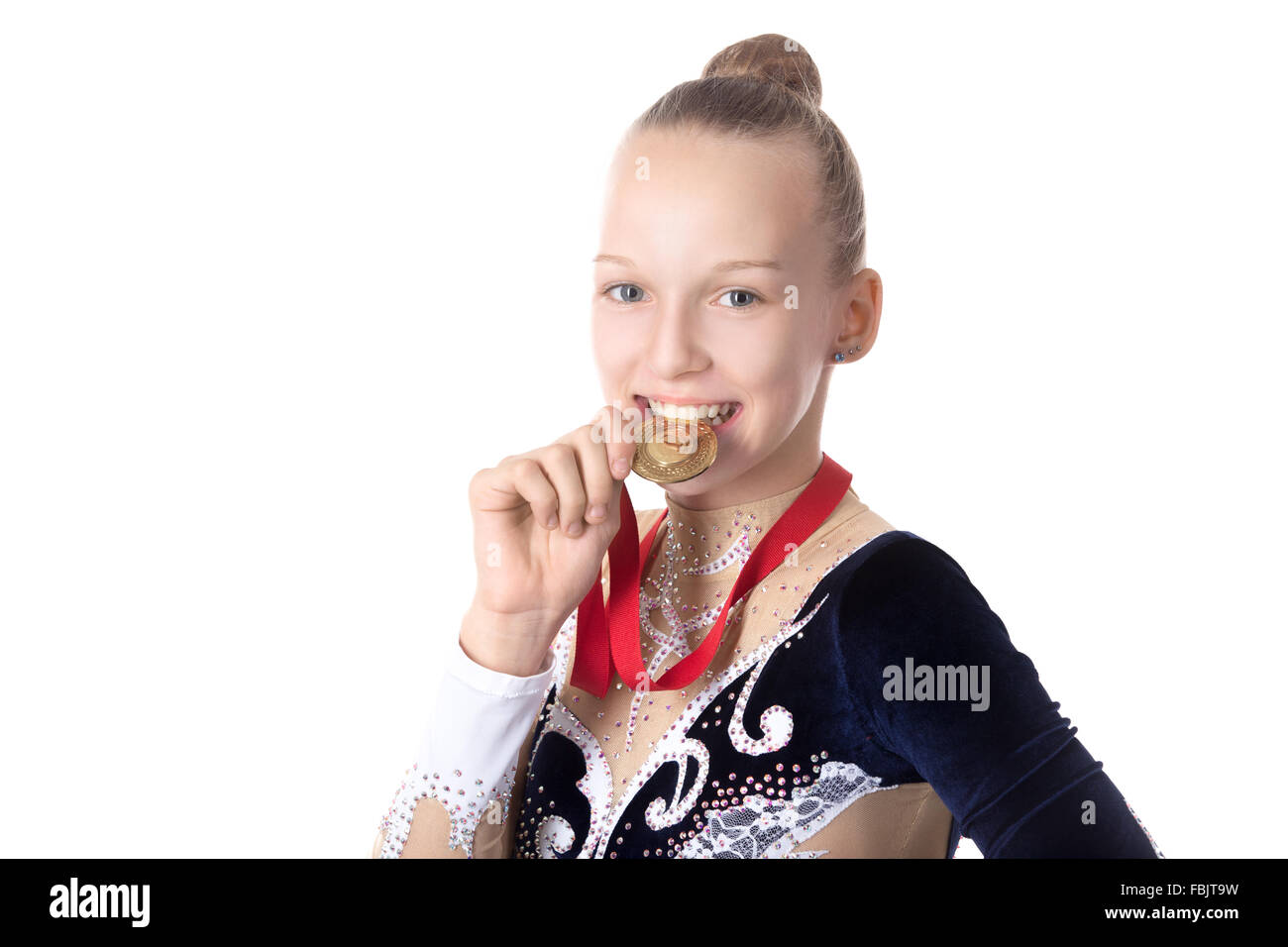 Portrait of beautiful happy smiling cool fit gymnast or skater young ...