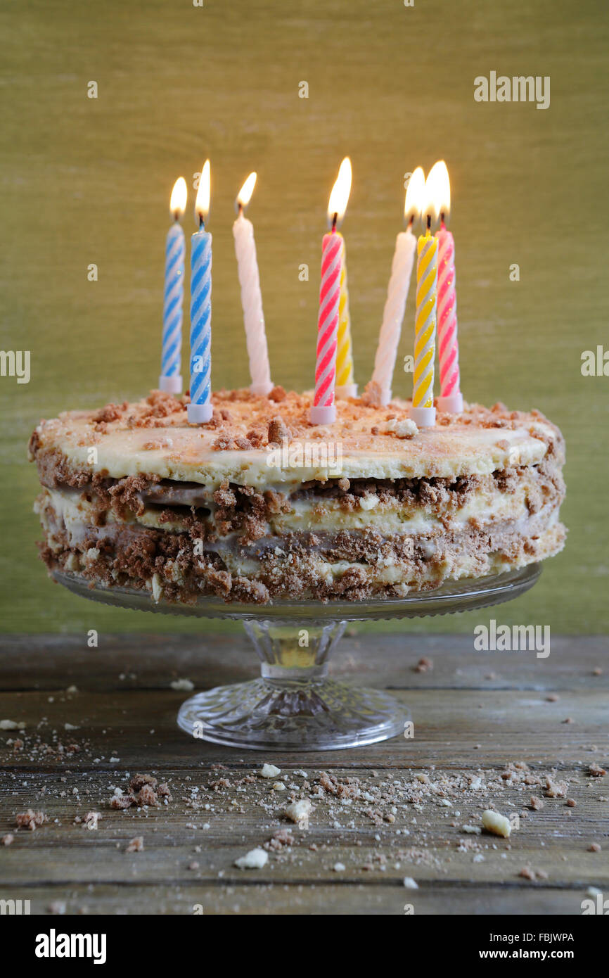 homemade birthday cake with candles, food closeup Stock Photo - Alamy