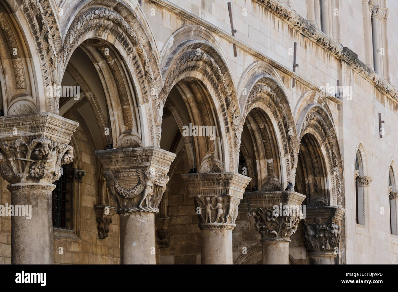 Stone carvings on the columns of the Rector Palace in the Old Town ...