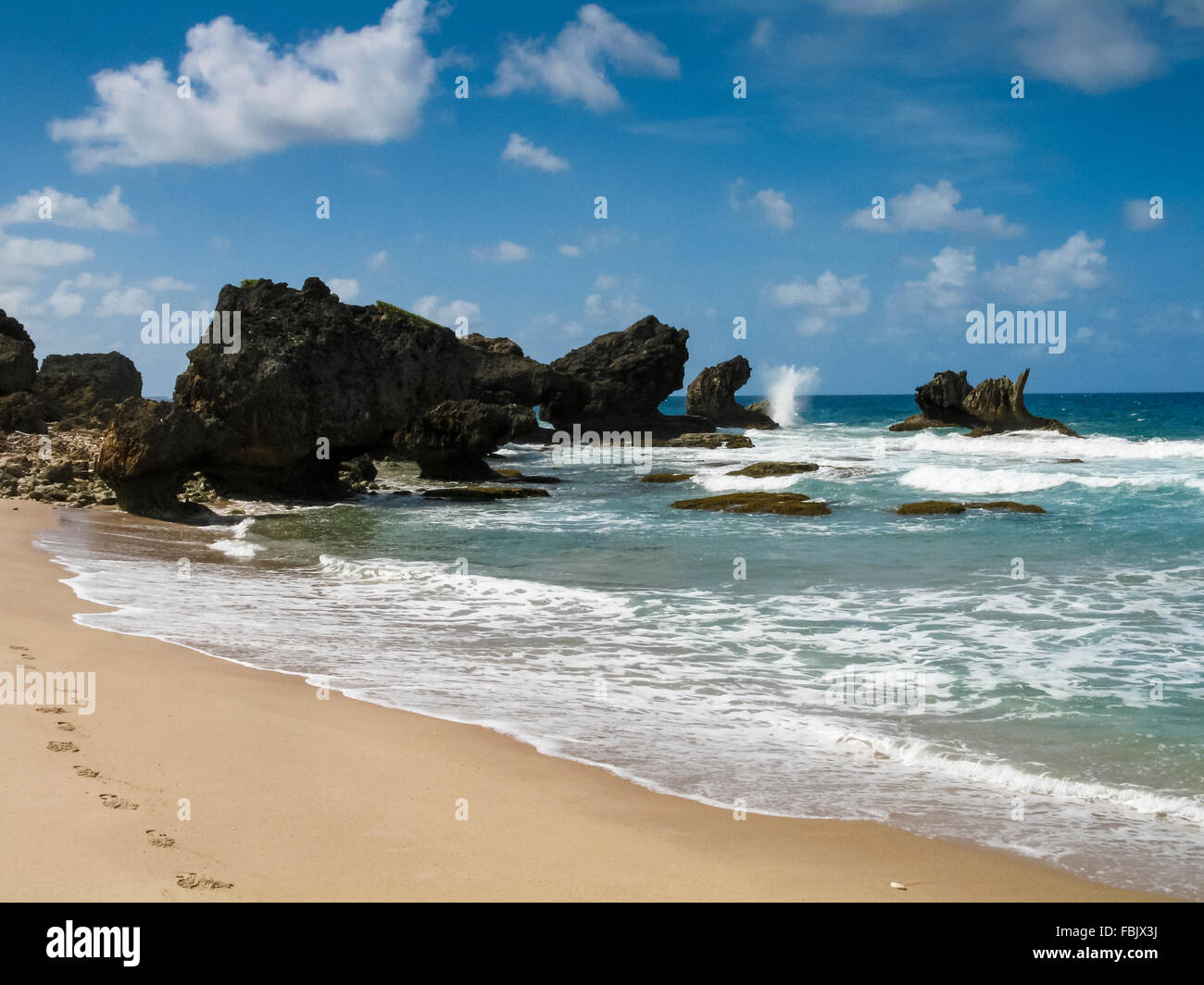 Rugged rock formations on the beach of Bathsheba, Barbados Stock Photo ...