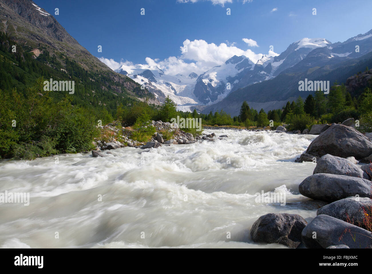 Swiss mountain landscape of the Morteratsch Glacier Valley hiking trail ...